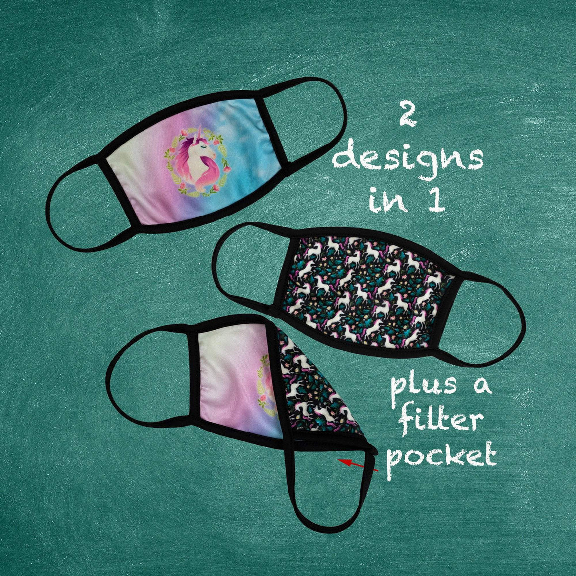 Kids Size Unicorn Face Mask, Unicorn Mask, Reversible 2 ply Polyester ...